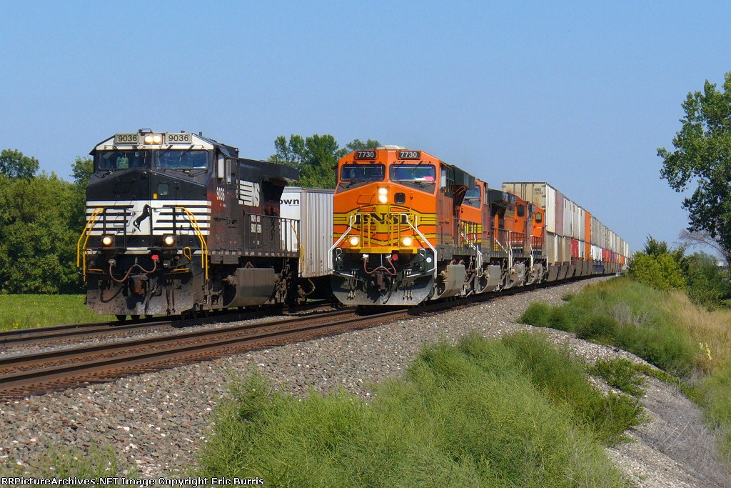 BNSF 7730 west passes NS 9036